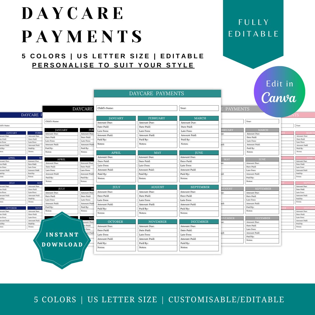 DAYCARE PAYMENTS PRINTABLE, Payment Record, Tuition Log, Home Daycare ...