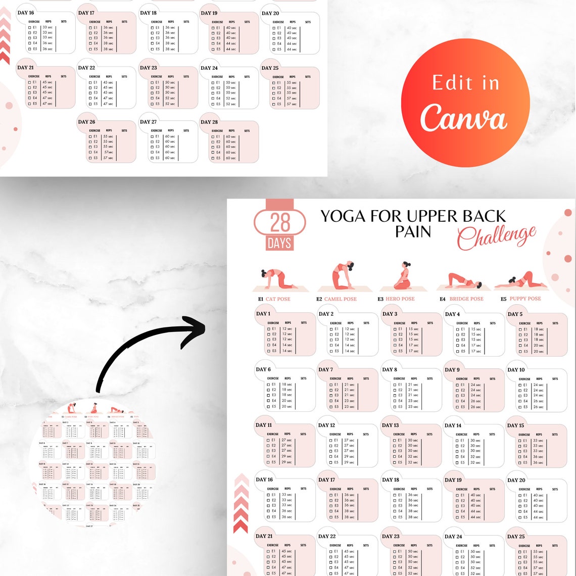 Editable 28 Days Yoga for Upper Back Pain Challenge, Back Pain, Upper ...
