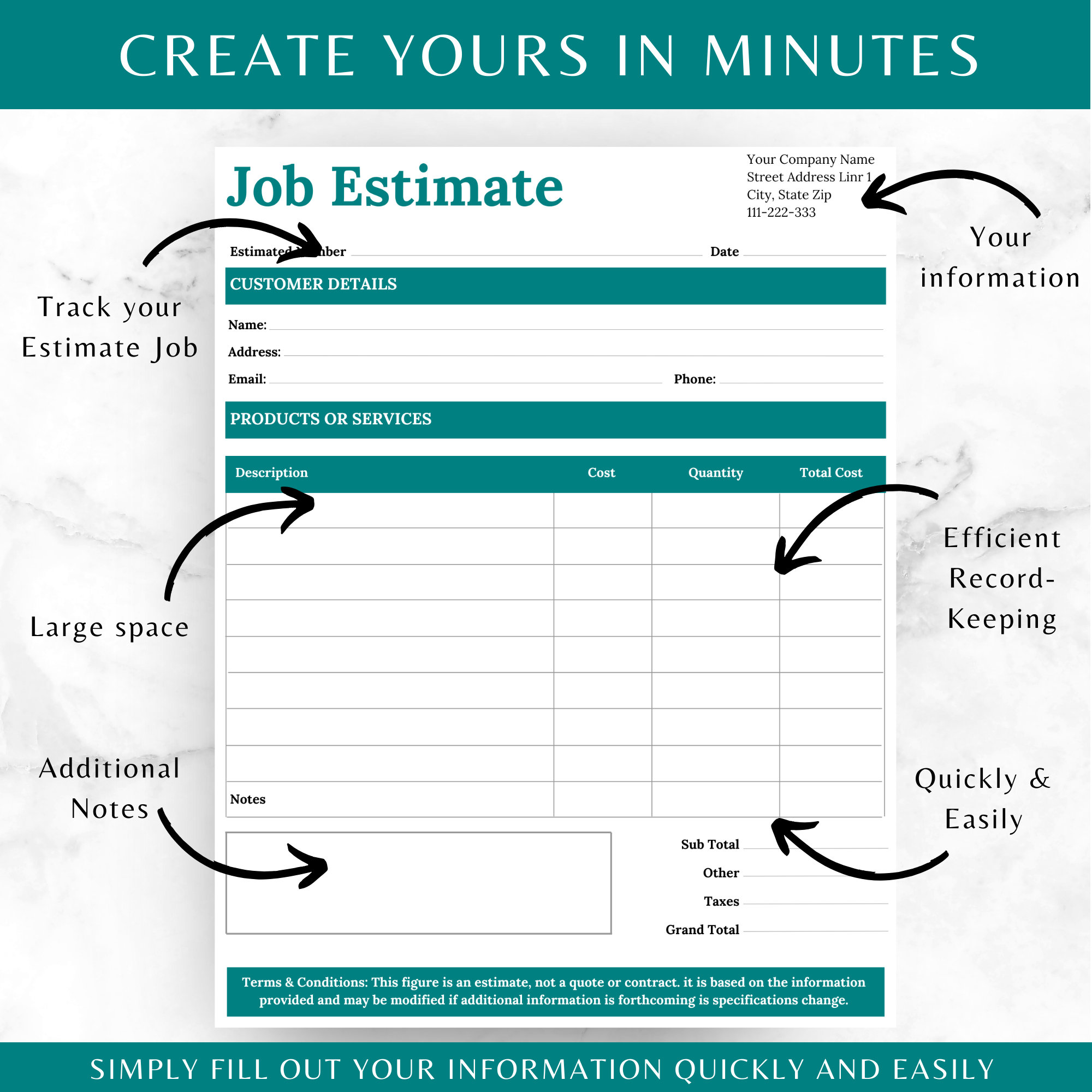 JOB ESTIMATE FORM, Job Proposal Template, Contractor Proposal, Business ...