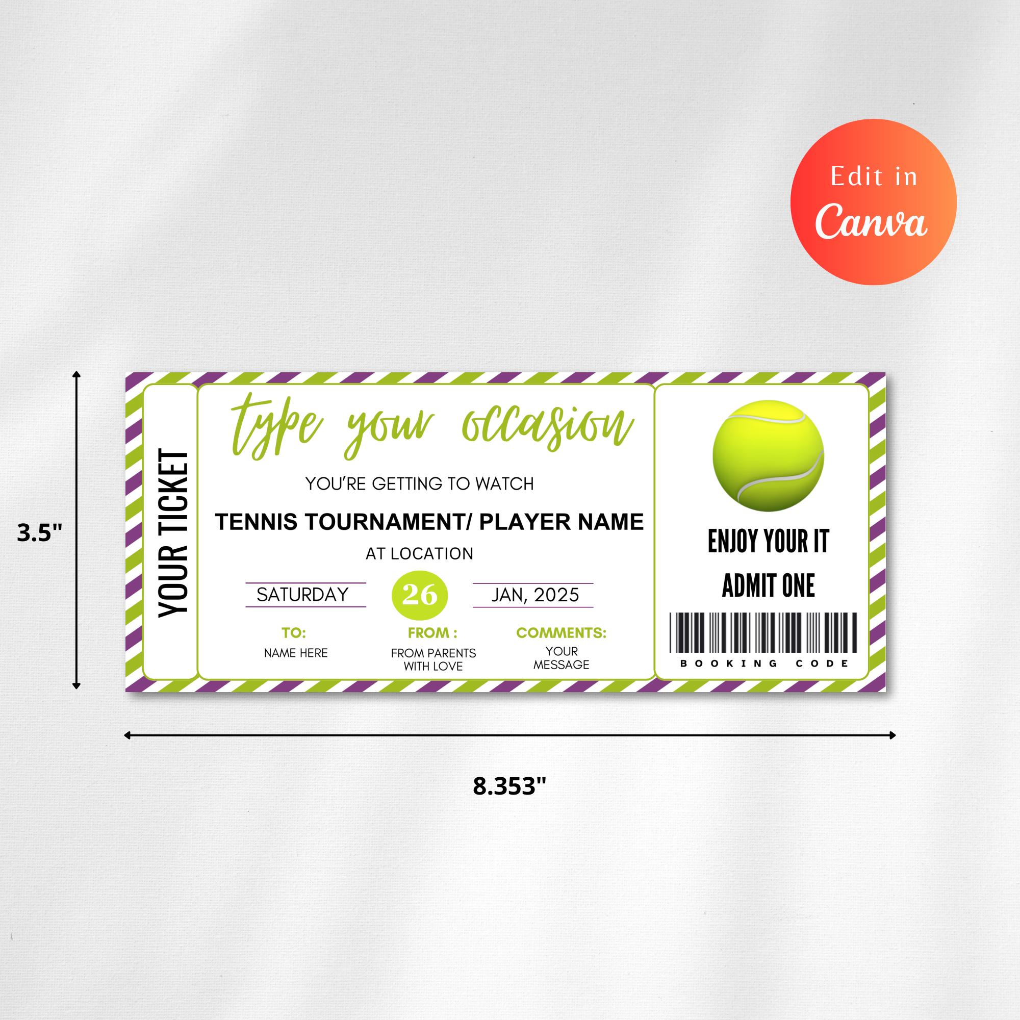 Editable TENNIS GIFT Ticket Template for Any Occasion, Ticket Gift ...