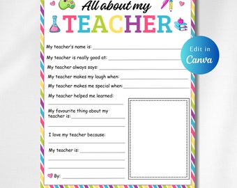 Teacher Appreciation Questionnaire Thank You for Being A Great Teacher ...
