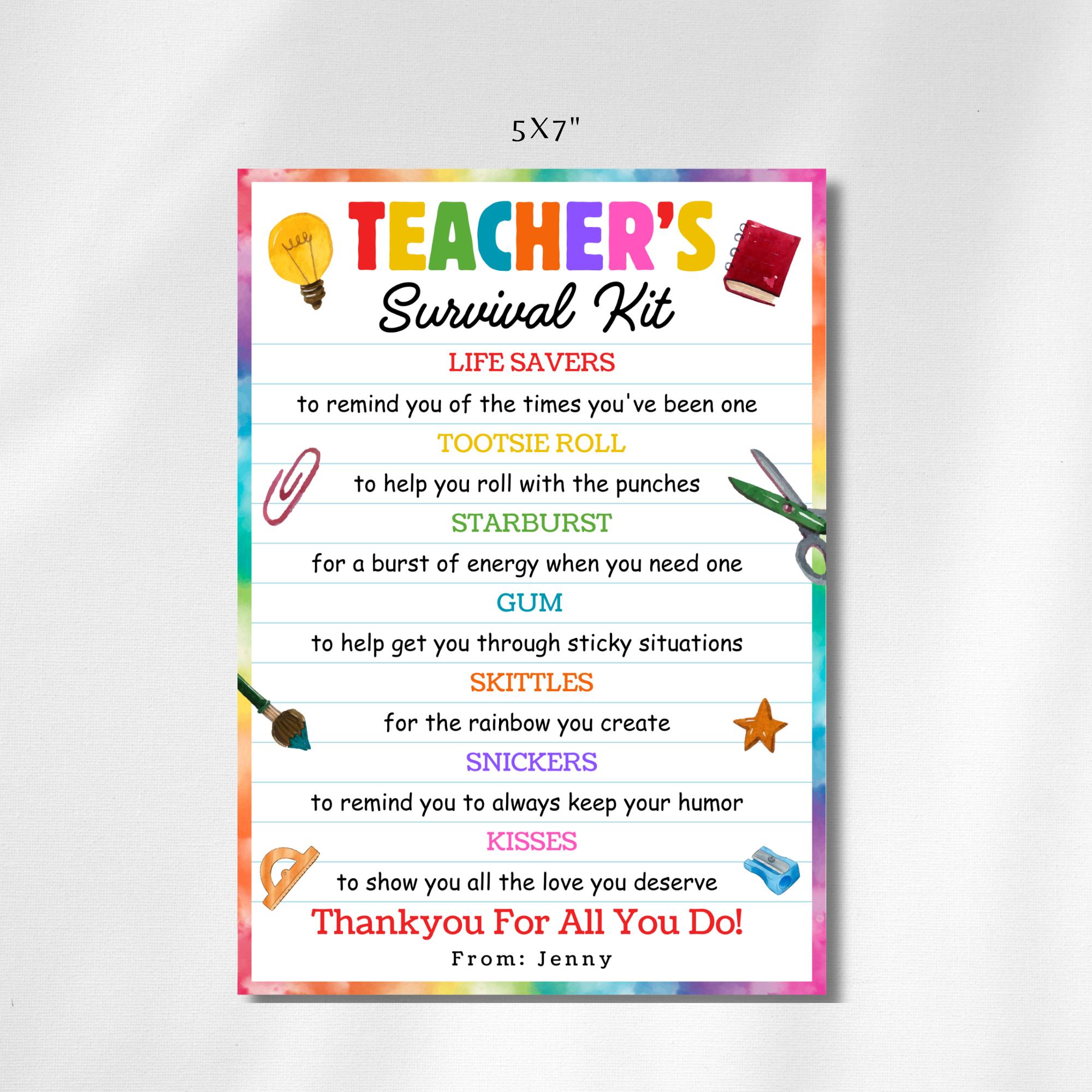 Editable TEACHER SURVIVAL Kit Tag, Teacher Appreciation Gift Tag ...