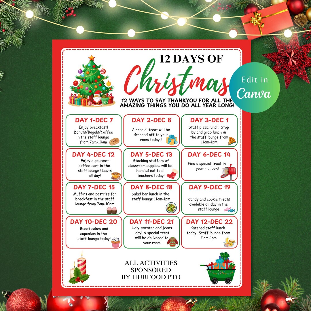 EDITABLE CHRISTMAS HOLIDAY Appreciation Flyer, School Pto Pta, 12 Days ...