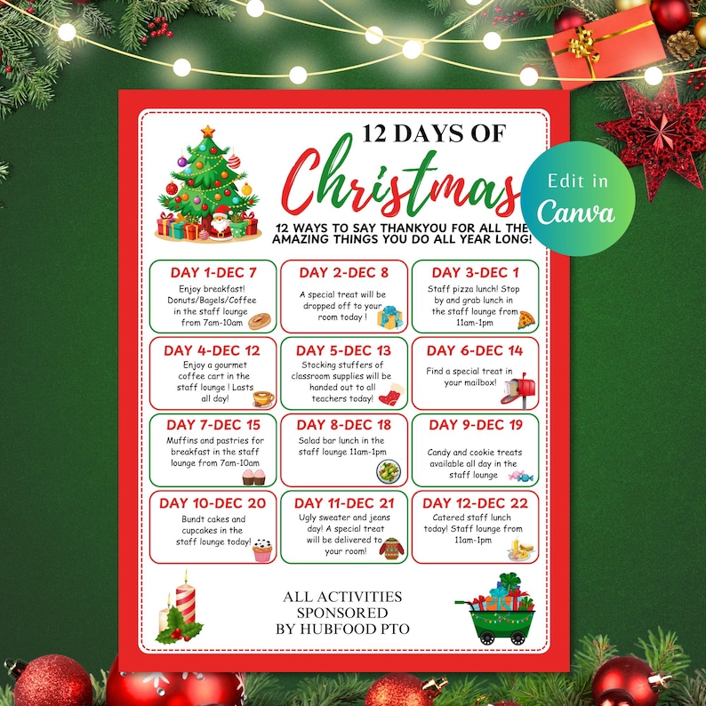 EDITABLE CHRISTMAS HOLIDAY Appreciation Flyer, School Pto Pta, 12 Days ...