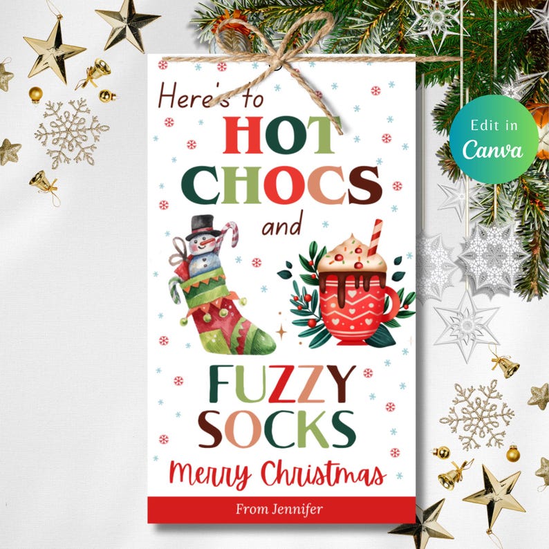 Editable HOT CHOCOLATE and Fuzzy Socks Christmas Gift Tag,hot Chocolate ...