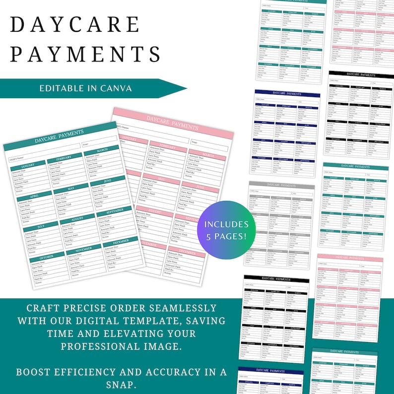 DAYCARE PAYMENTS PRINTABLE, Payment Record, Tuition Log, Home Daycare ...