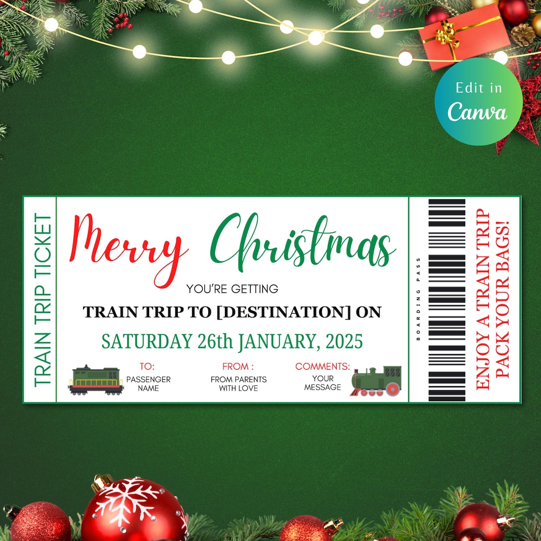 EDITABLE Christmas Train Ticket, Boarding Pass Template Surprise Trip ...