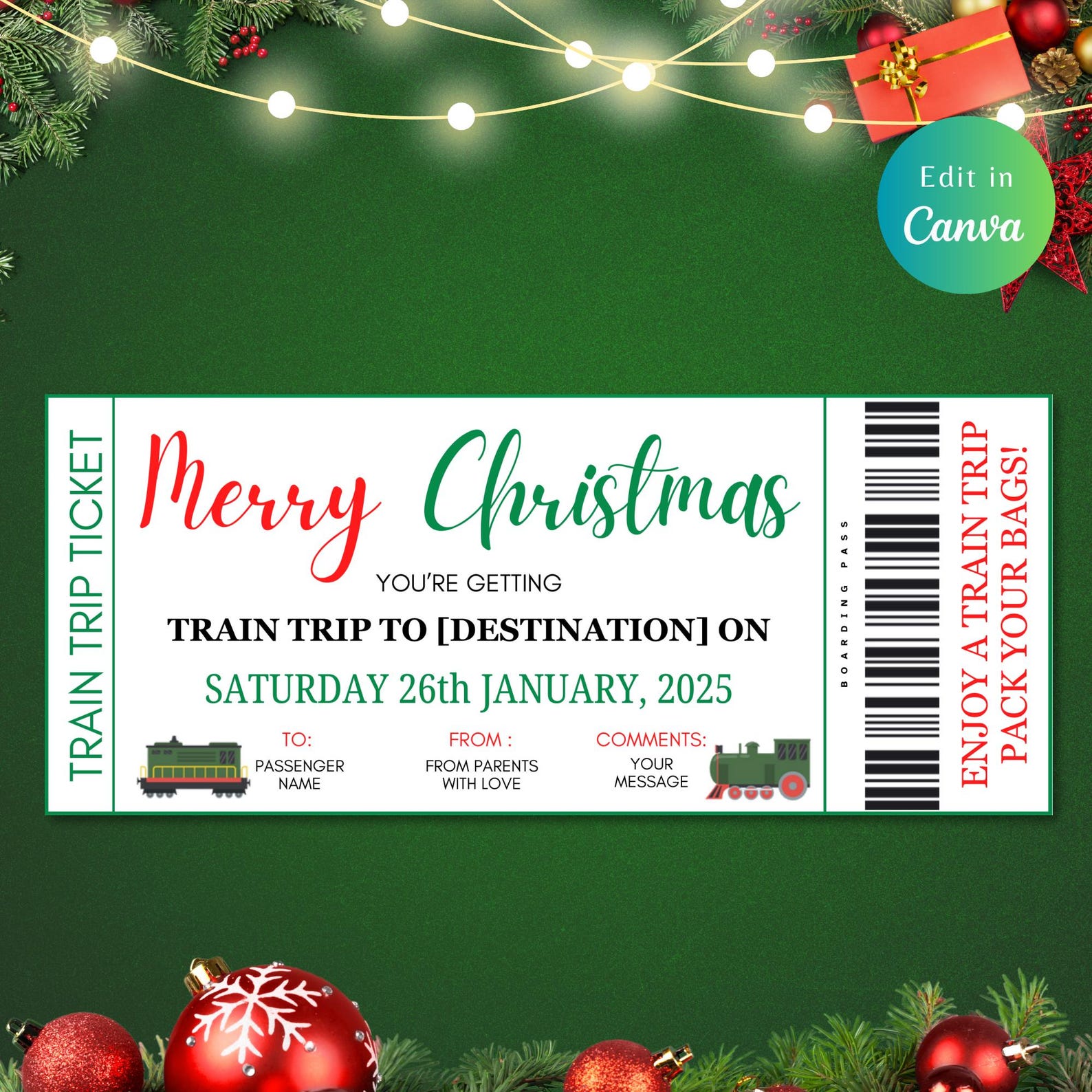 EDITABLE Christmas Train Ticket, Boarding Pass Template Surprise Trip ...