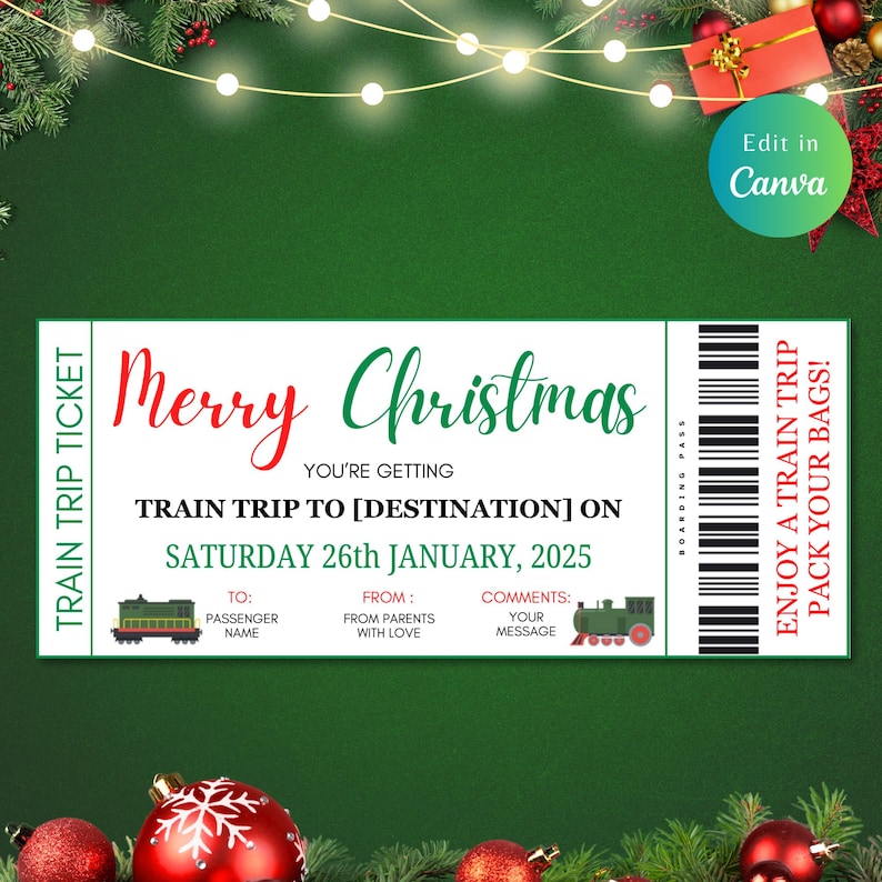 EDITABLE Christmas Train Ticket, Boarding Pass Template Surprise Trip ...