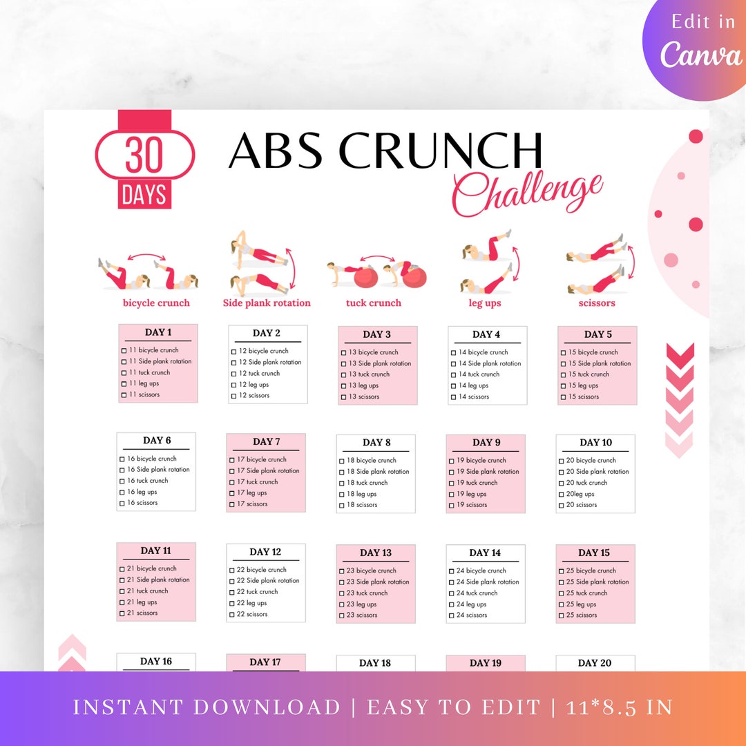 Editable 30 DAYS Abs Crunch Workout Challenge, 30 DAYS Challenge ...