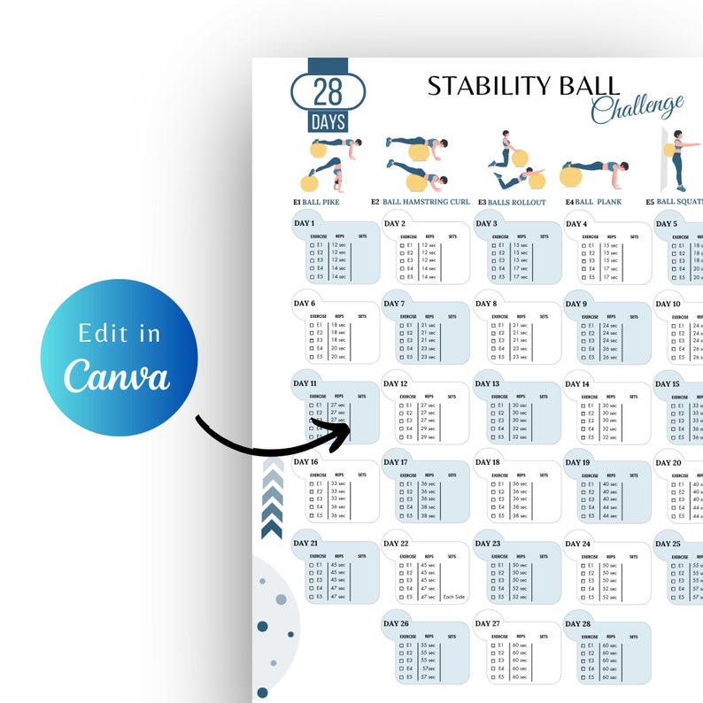 Editable 28 DAYS STABILITY Ball Challenge, Stability Ball Exercise ...