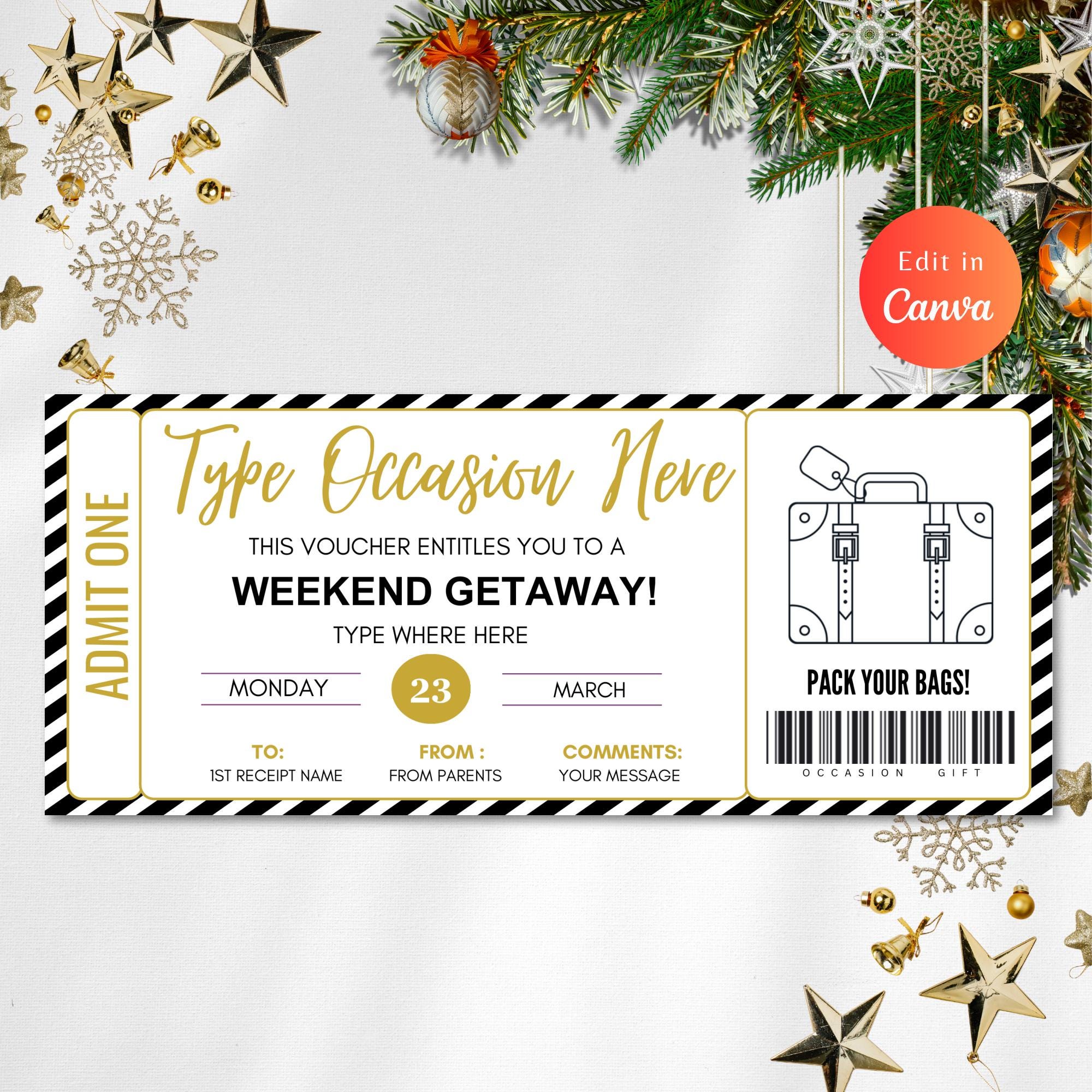 Editable Weekend Away Voucher Template, Gift CERTIFICATE TICKET CARD ...