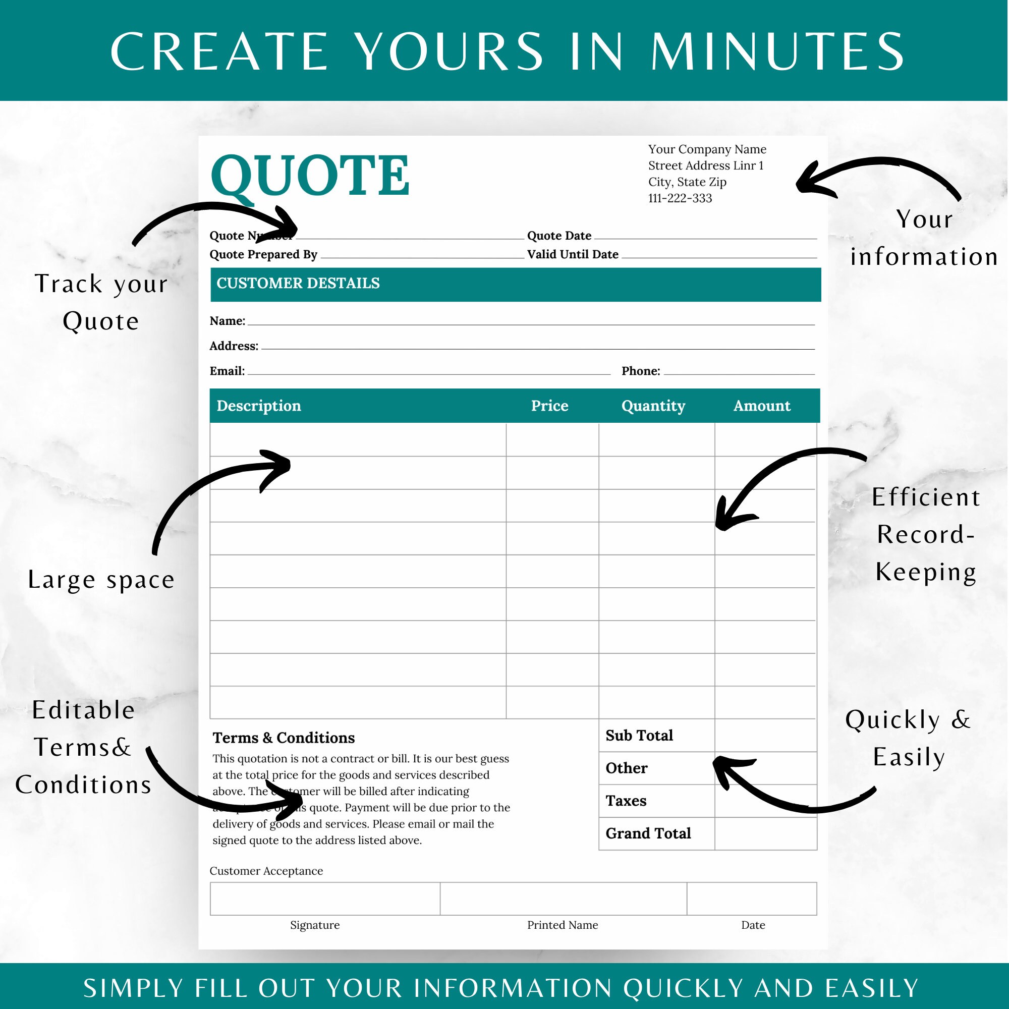 EDITABLE QUOTE FORM, Price Estimate, Quote Proposal, Quote Template ...