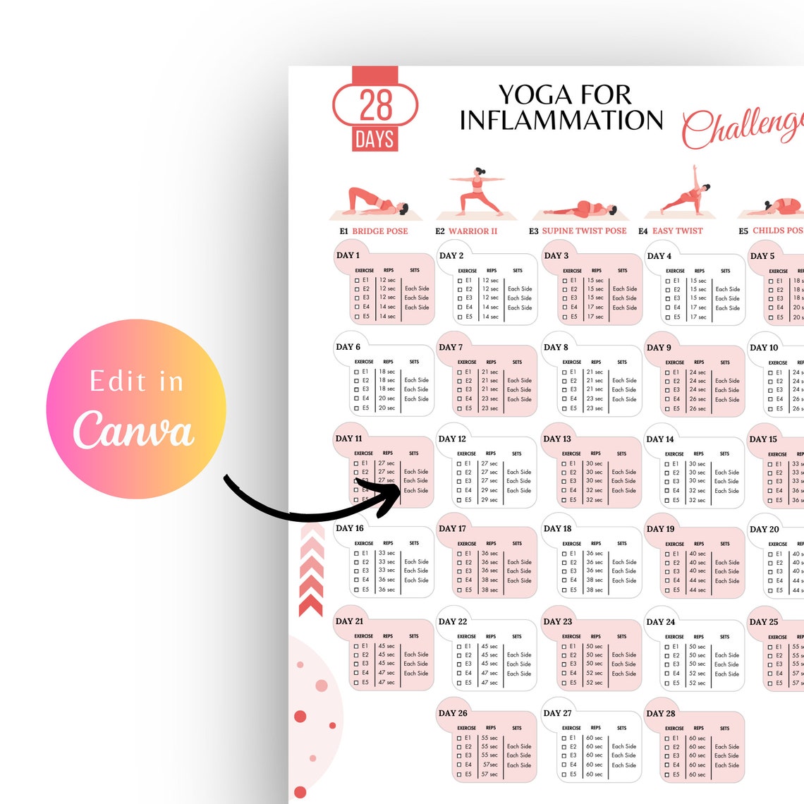 Editable 28 DAYS Yoga for Inflammation Challenge, Yoga Workout, 28 Days ...