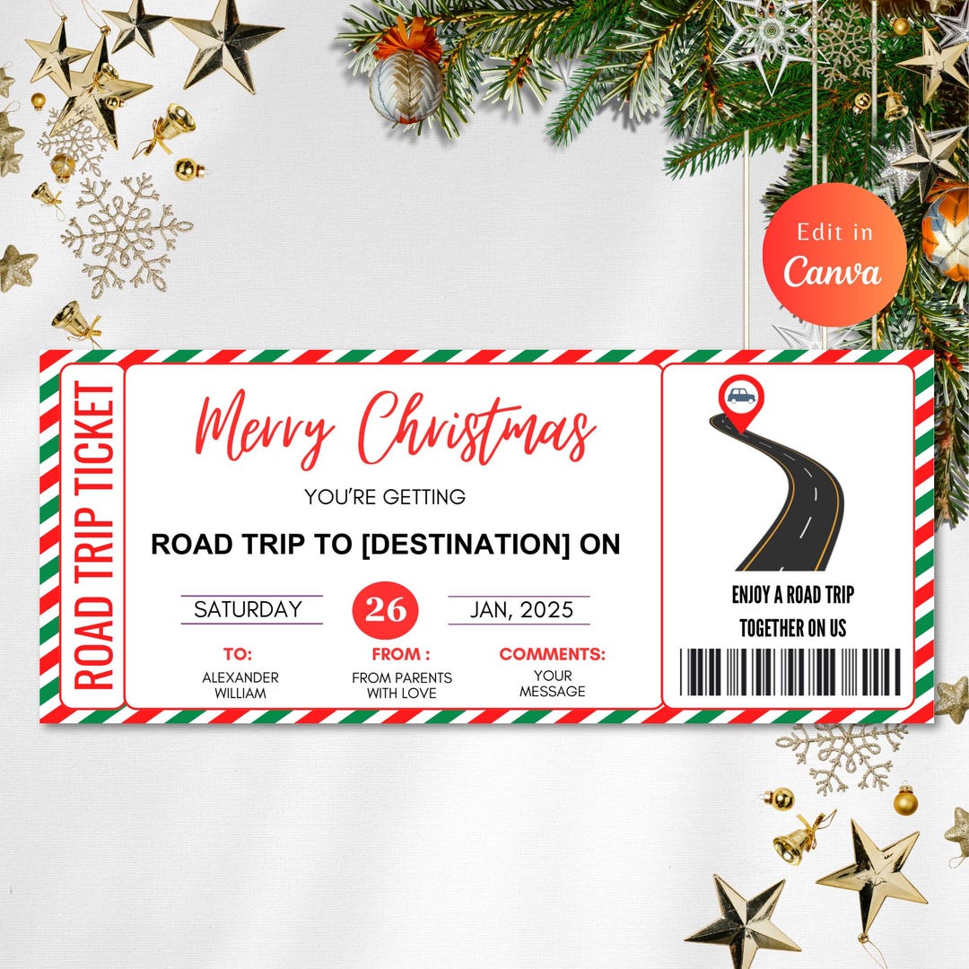 EDITABLE Road Trip Ticket Template, CHRISTMAS GIFT, Surprise Trip ...