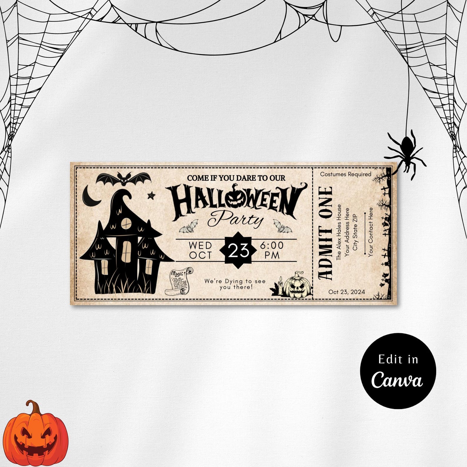 Editable HALLOWEEN TICKET Invitation, Halloween Party, Halloween Decor ...