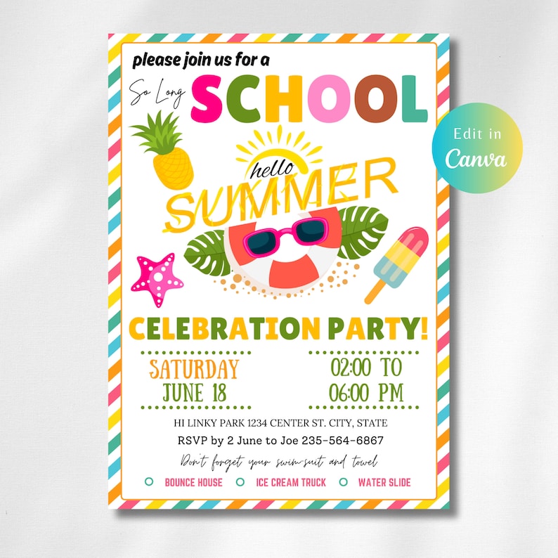 Editable End of School Party Invitation, Summer Party Invitation ...