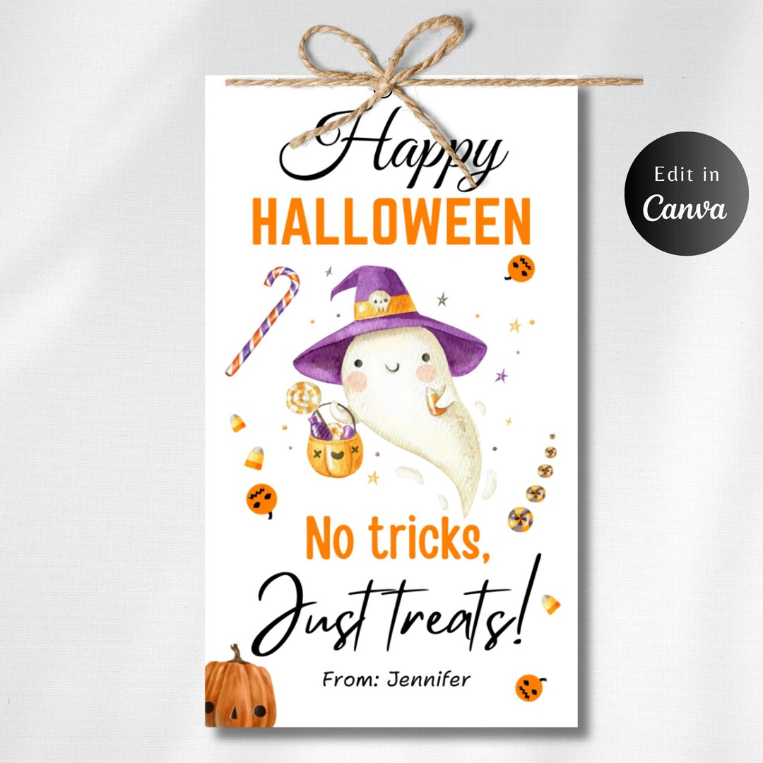 Editable NO TRICKS Just Treats Halloween Gift Tag, Halloween Gift Tags ...