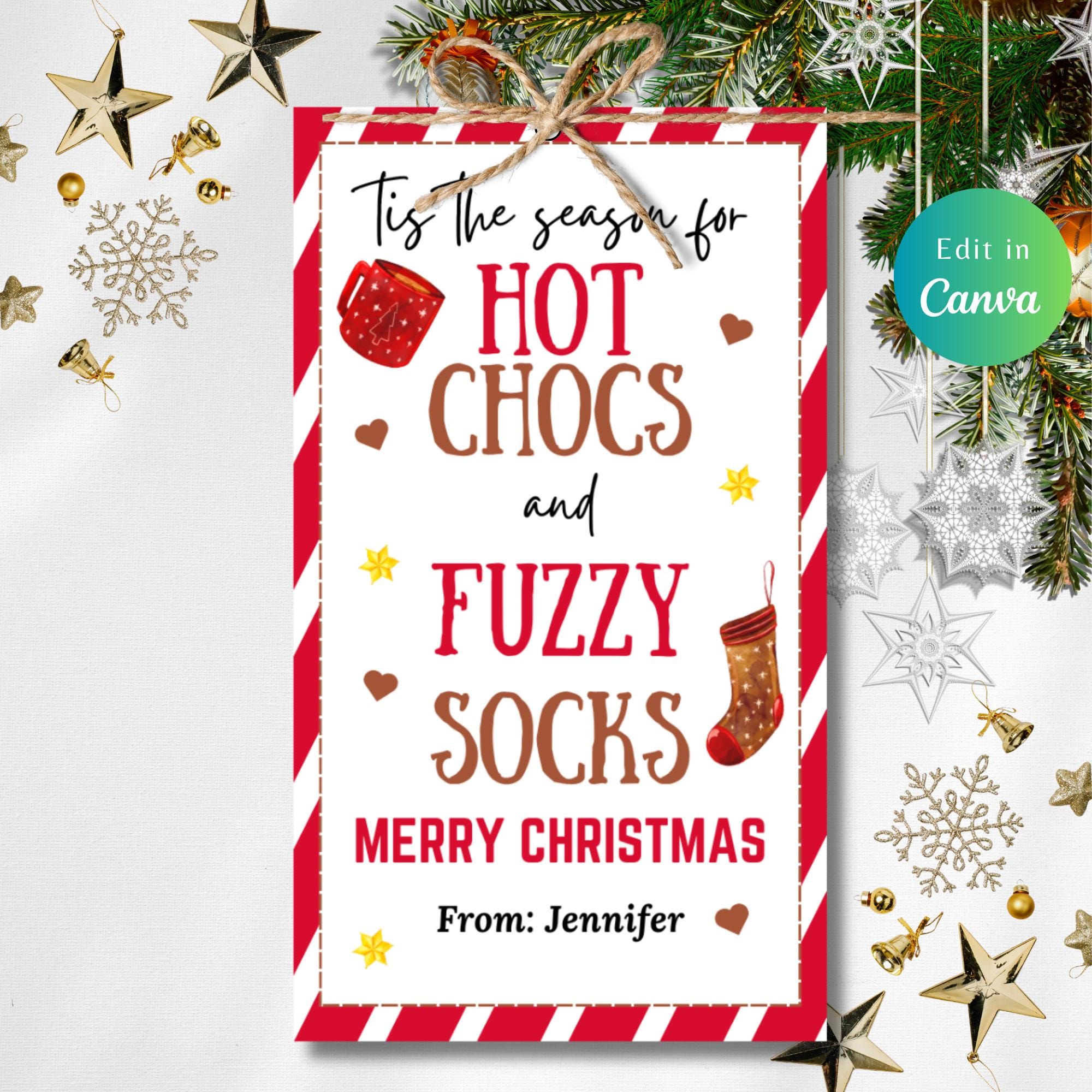 Editable HOT CHOCOLATE and Fuzzy Socks Christmas Gift Tag, Printable ...