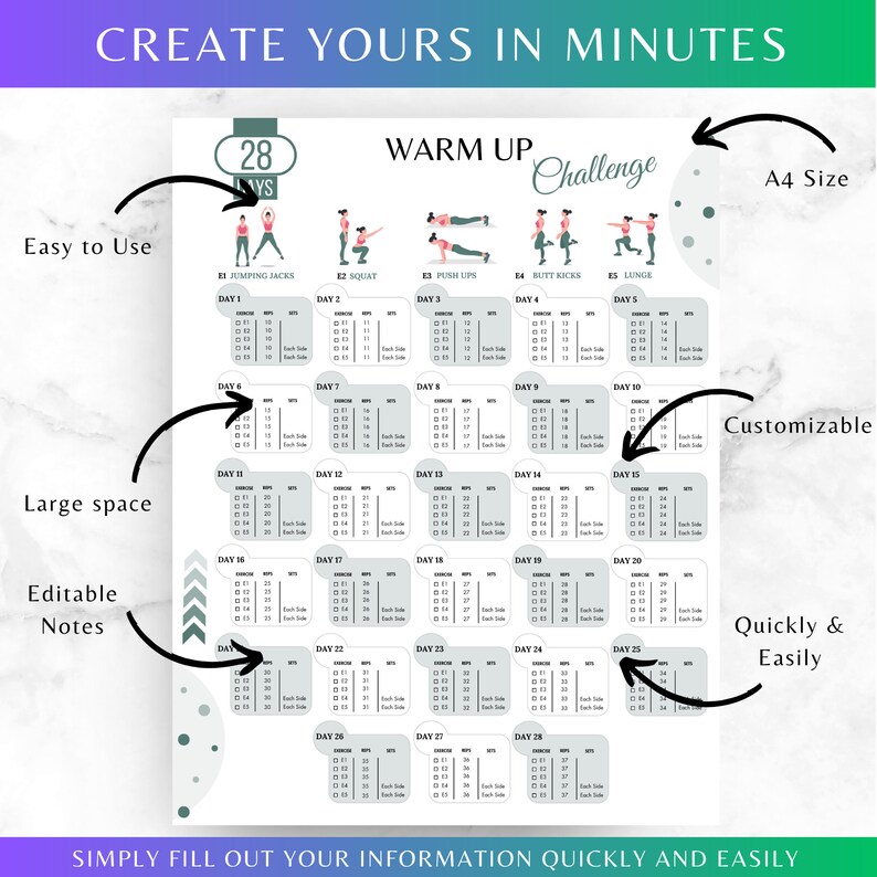 Editable 28 DAYS Warm up Challenge, Warm up Exercise Guide, Warm Up ...
