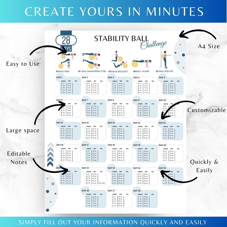 Editable 28 DAYS STABILITY Ball Challenge, Stability Ball Exercise ...