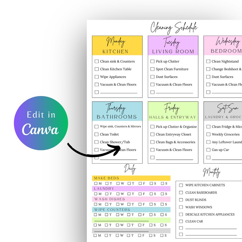 PRINTABLE CLEANING SCHEDULE, House Cleanining, Cleaning Printable ...