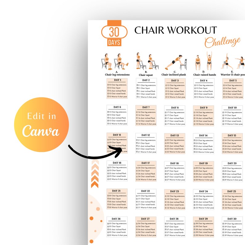 Editable 30 DAYS Chair Exercises Challenge, Chair Exercises, 30 Days ...