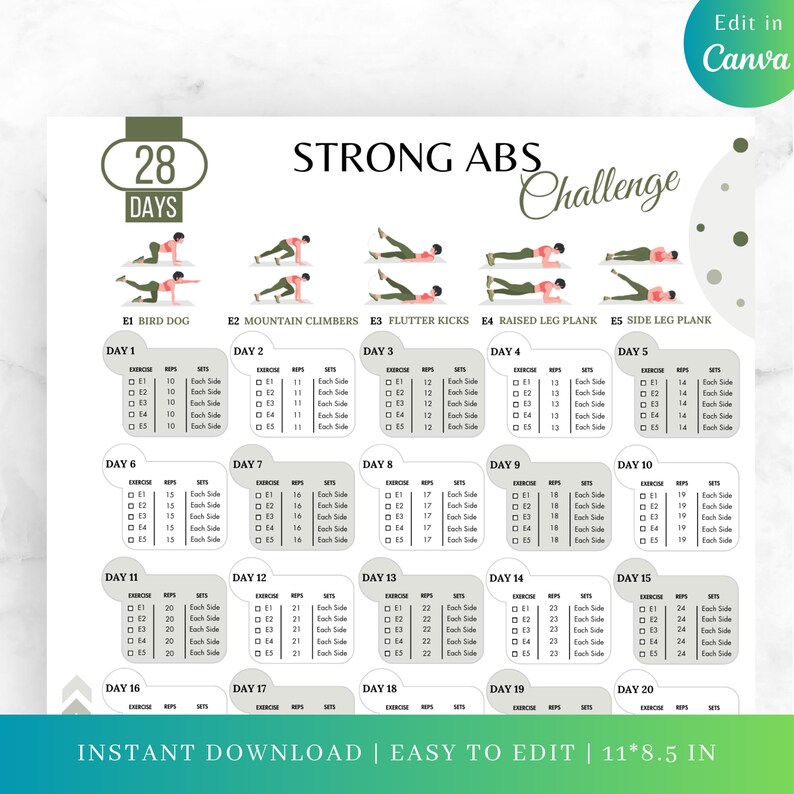 Editable 28 DAYS Strong Abs Workout Challenge, 30 DAYS Challenge ...