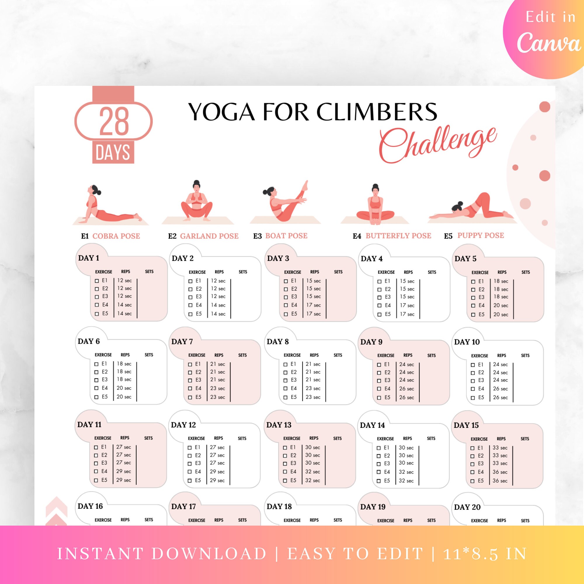 Editable 28 Days Yoga for Climbers , Climbers , Yoga Workout , Digital ...