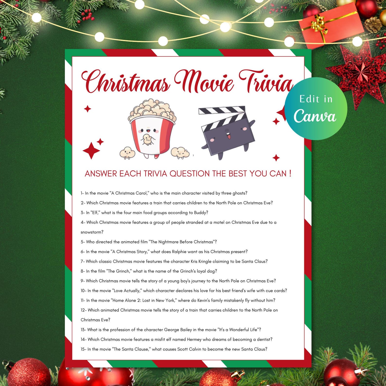CHRISTMAS MOVIE Trivia Game, Christmas Trivia, Christmas Party Game ...