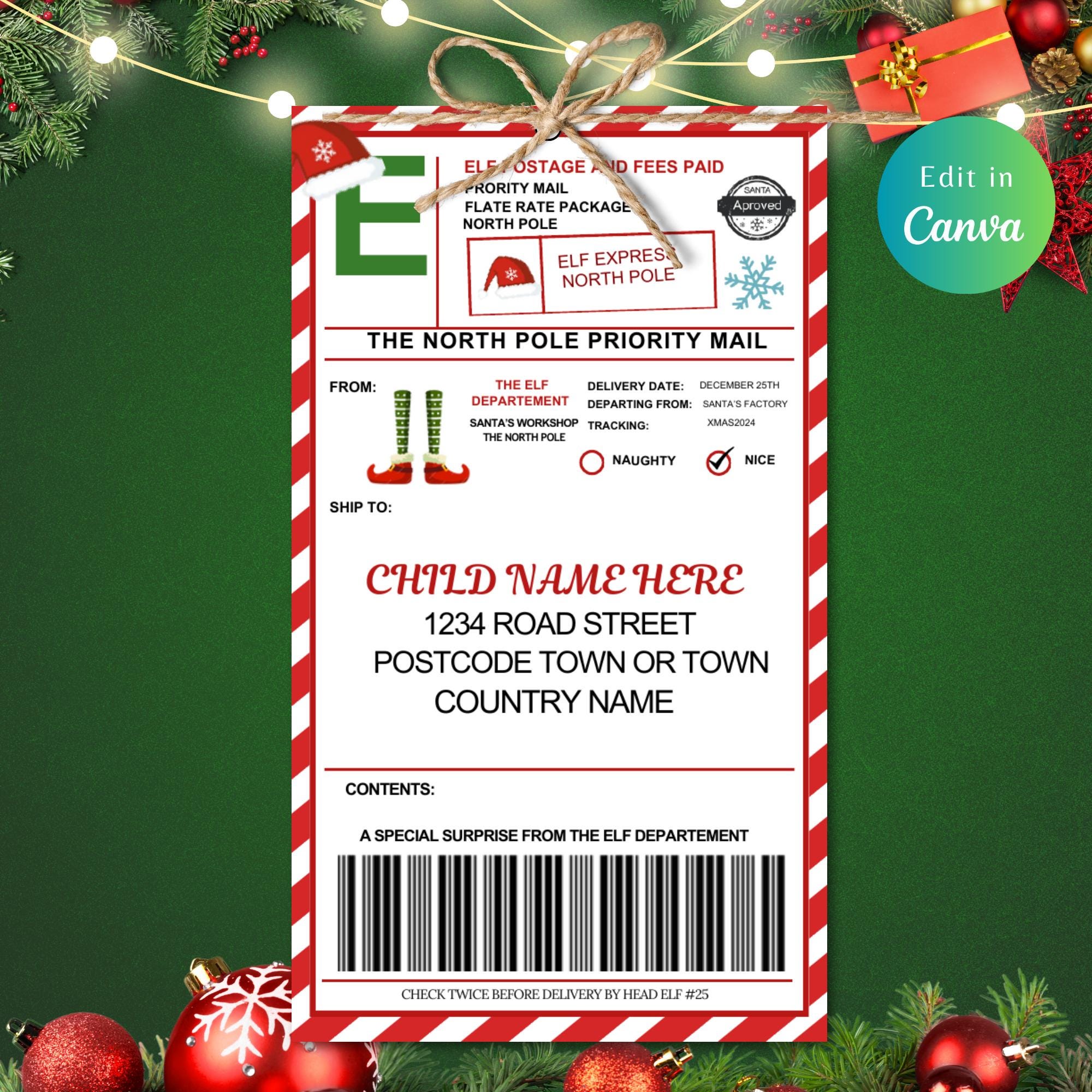 EDITABLE Elf Mail Shipping Label, CHRISTMAS ELF, Northpole Gift Tags ...