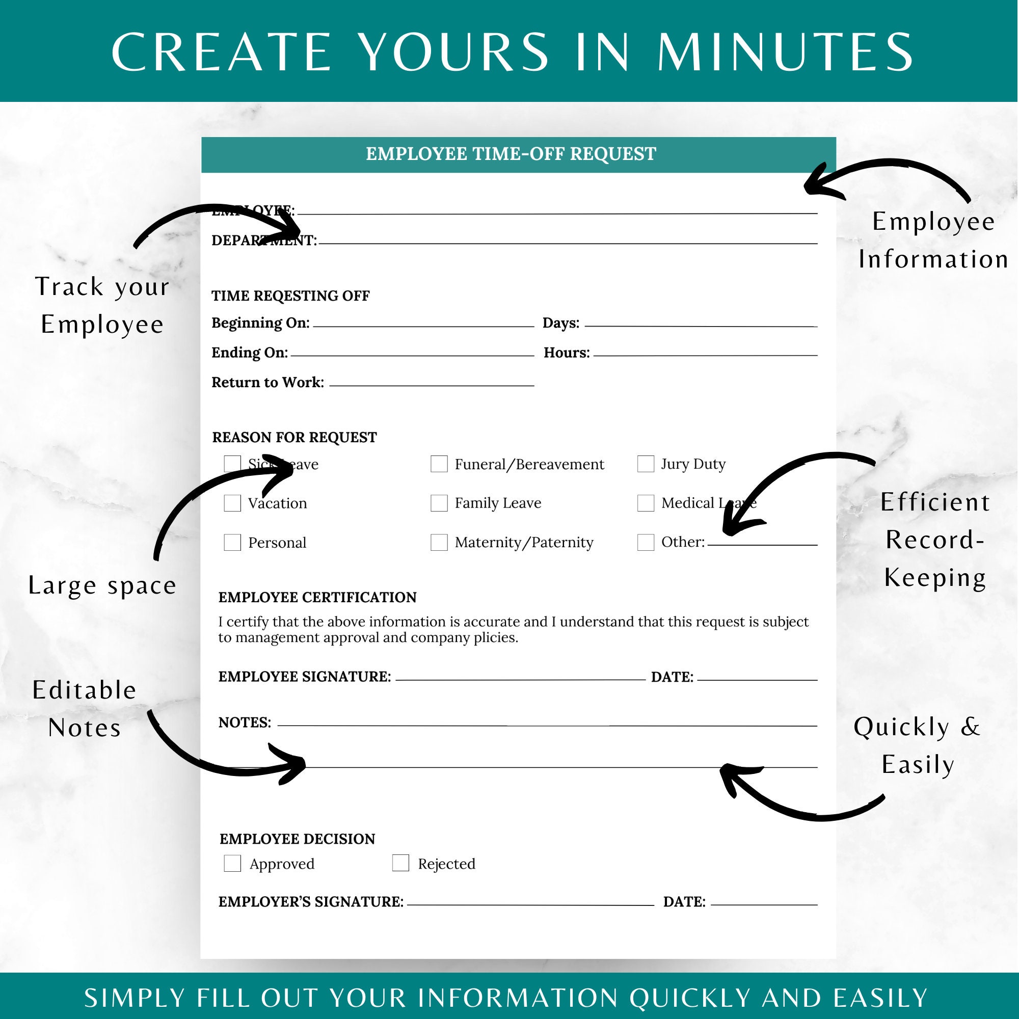 Editable EMPLOYEE TIME OFF, Time off Request, Pto Request Form ...