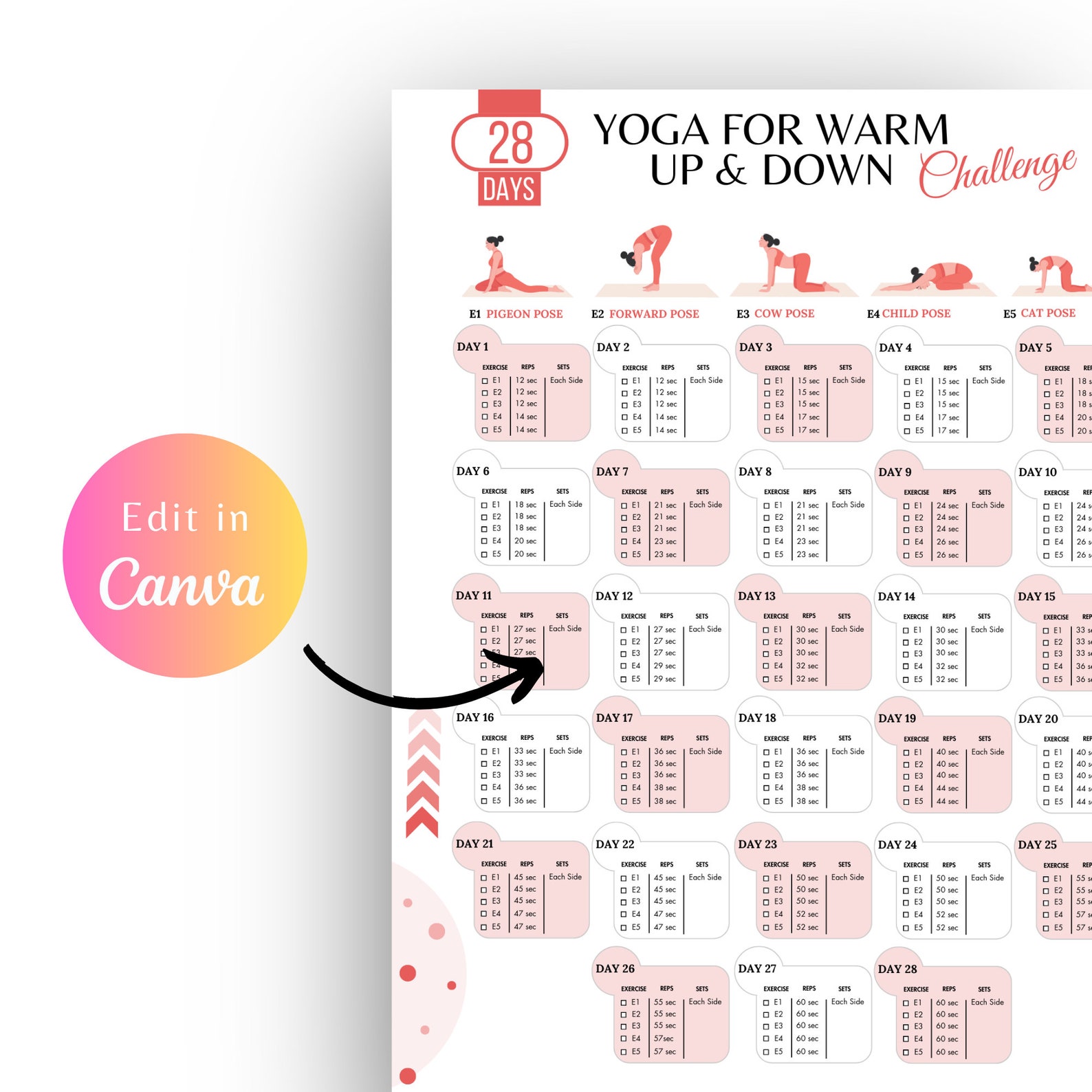 Editable 28 DAYS Yoga Warm up and Down Challenge, Warm up Exercise ...