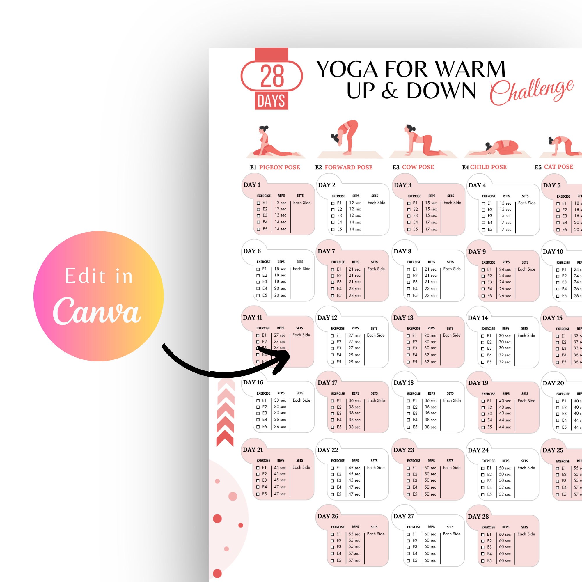 Editable 28 DAYS Yoga Warm up and Down Challenge, Warm up Exercise ...