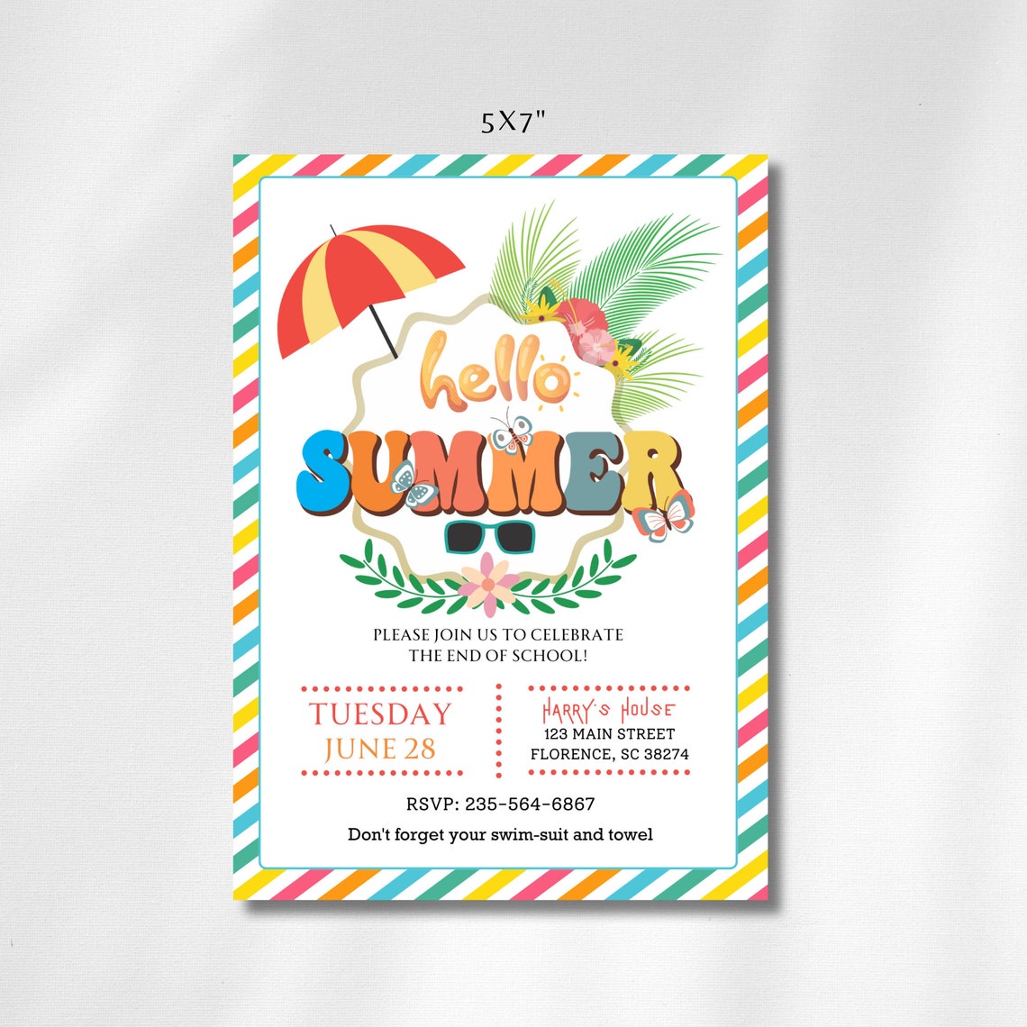Editable Hello Summer Digital Invitation, End of Year Party, Post on ...