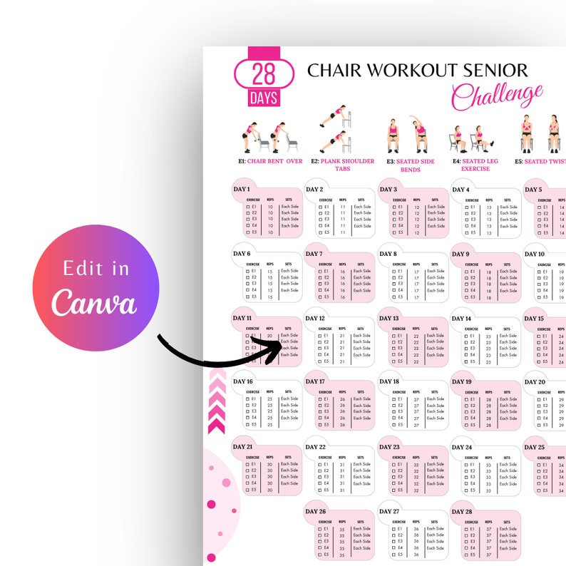 Editable 28 DAYS Chair Workout Seniors Challenge, Chair Workout Seniors ...