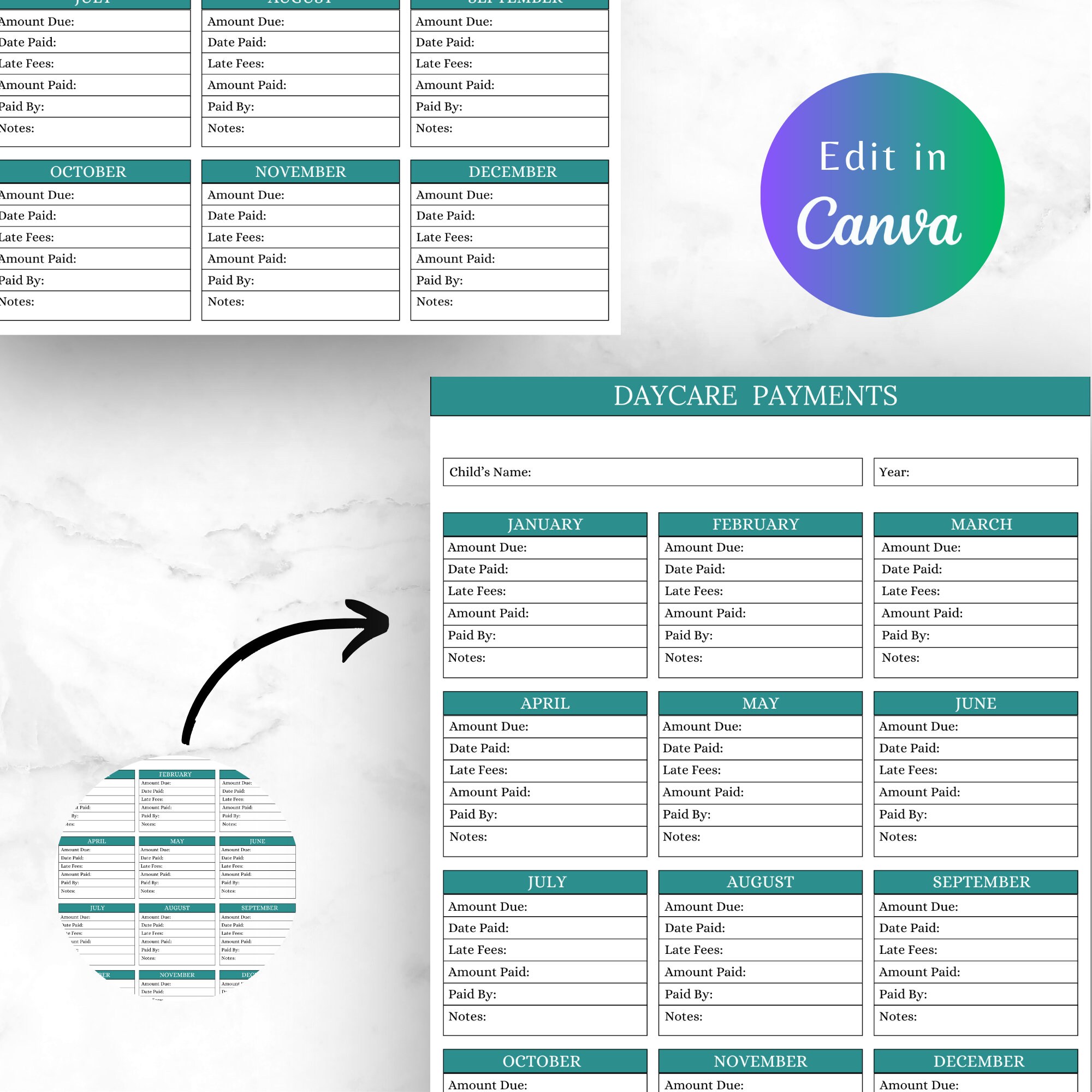 DAYCARE PAYMENTS PRINTABLE, Payment Record, Tuition Log, Home Daycare ...