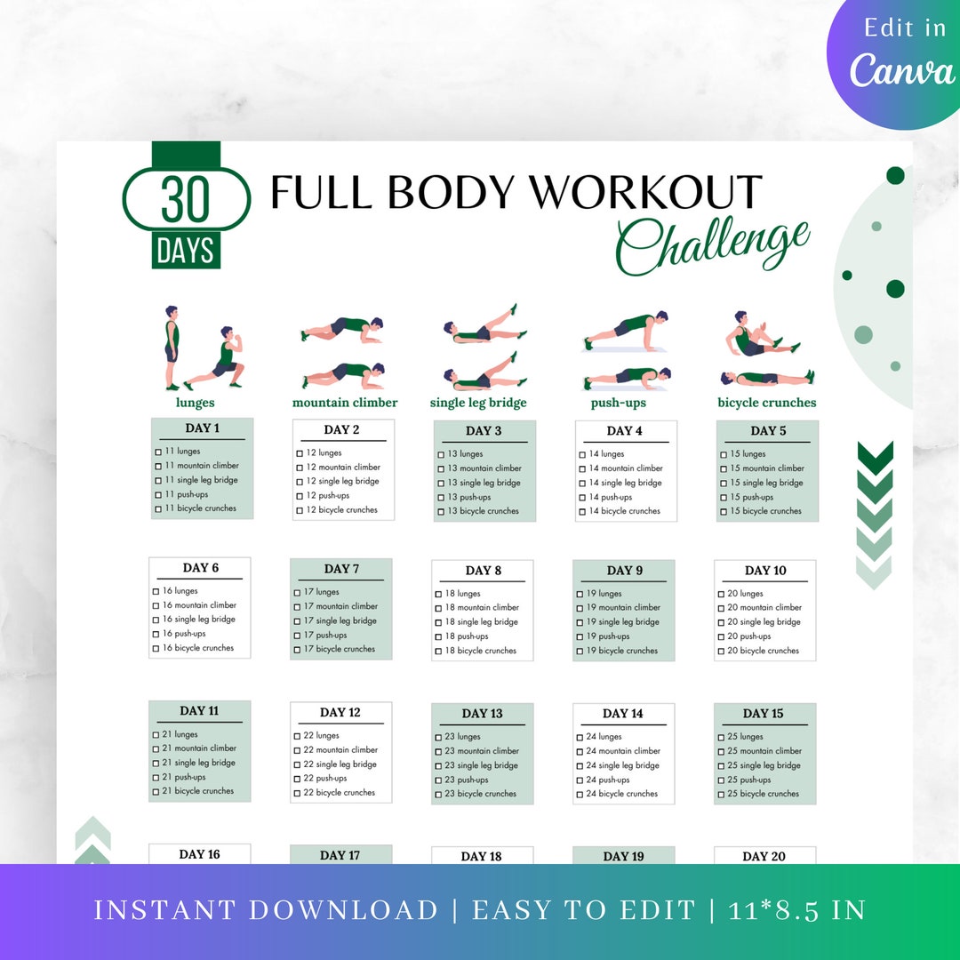 Editable 30 Days FULL BODY WORKOUT Challenge, Full Body Exercise Guide ...