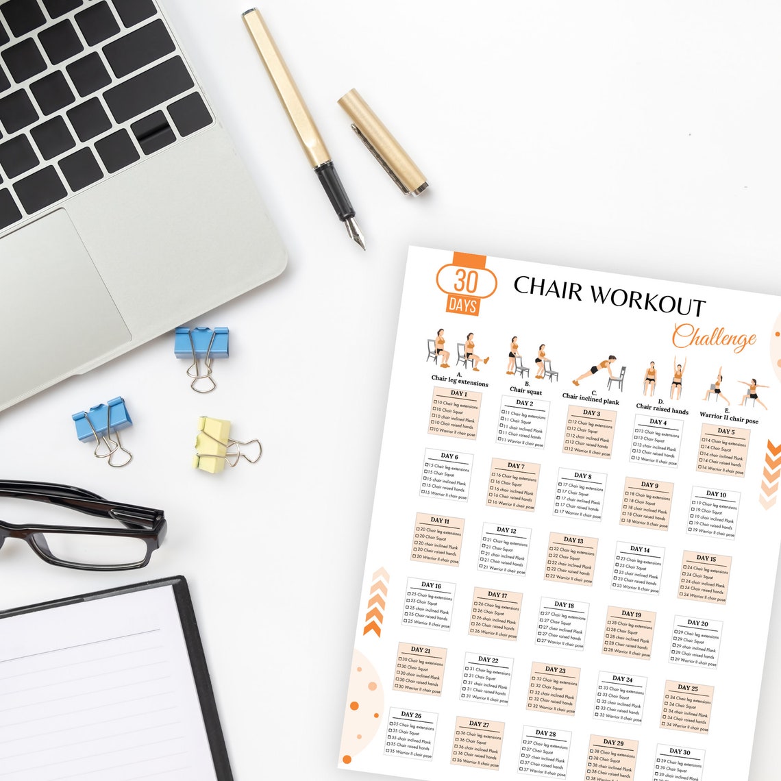 Editable 30 DAYS Chair Exercises Challenge, Chair Exercises, 30 Days ...