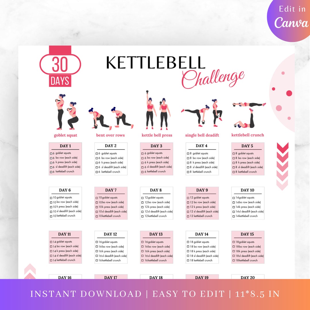 Editable 30 DAYS Kettlebell Challenge, Kettlebell Exercise Guide, Kettlebell, Digital Fitness ...