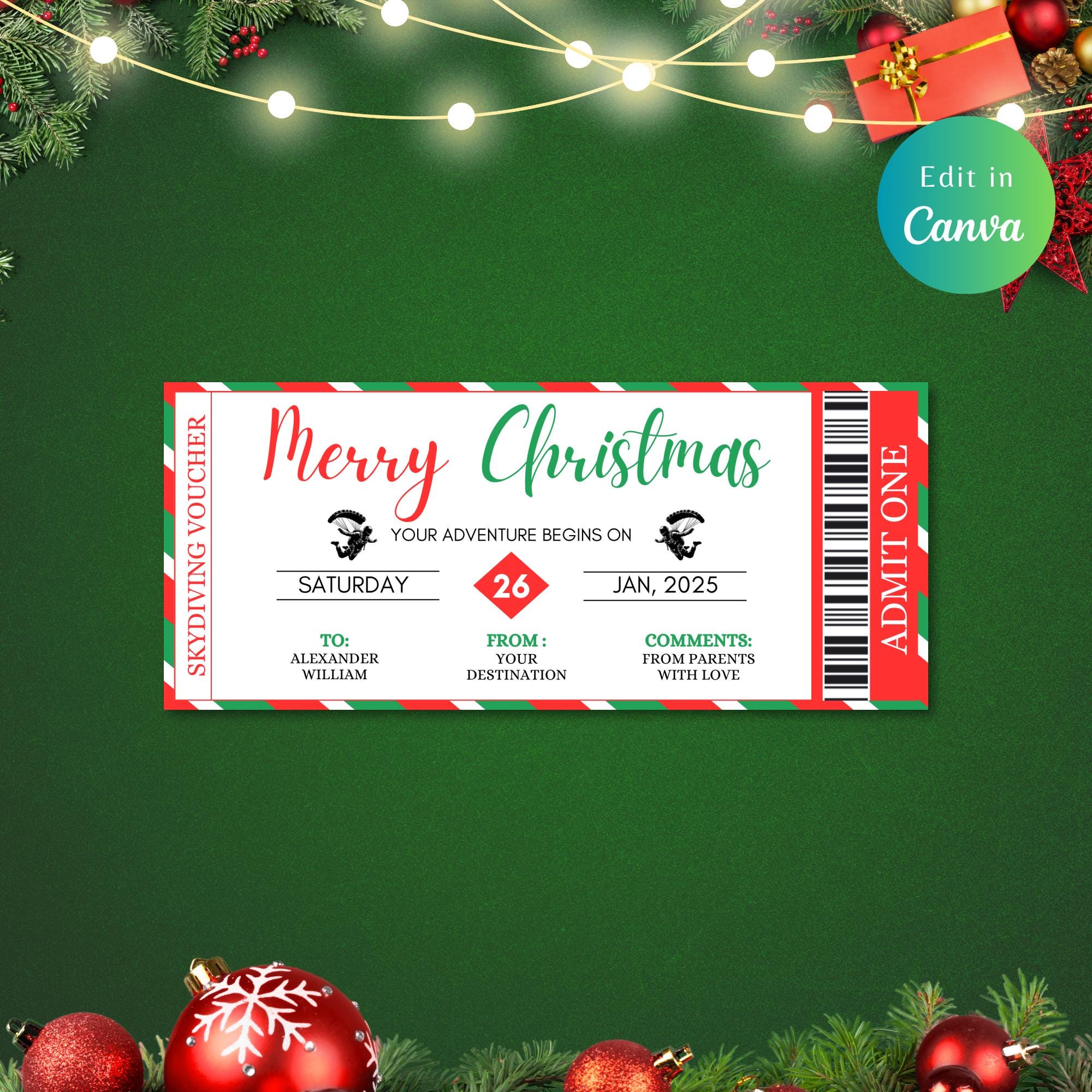 Editable INDOOR SKYDIVING TICKET Template, Gift Certificate Voucher ...