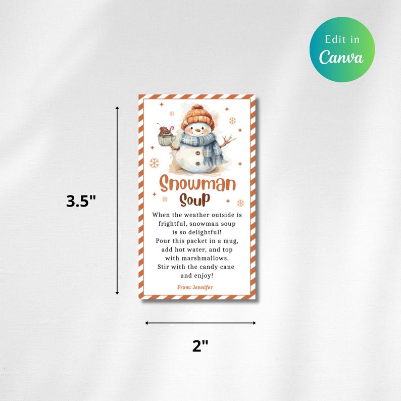 Editable SNOWMAN SOUP Hot Chocolate Gift Tag, Snowman, Soup, Hot Cocoa ...