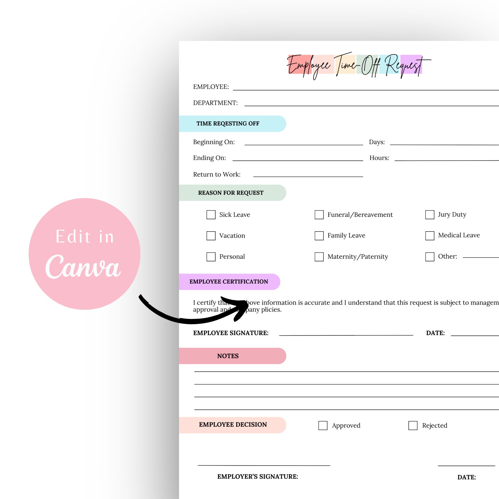 Editable EMPLOYEE TIME OFF, Time off Request, Pto Request Form ...