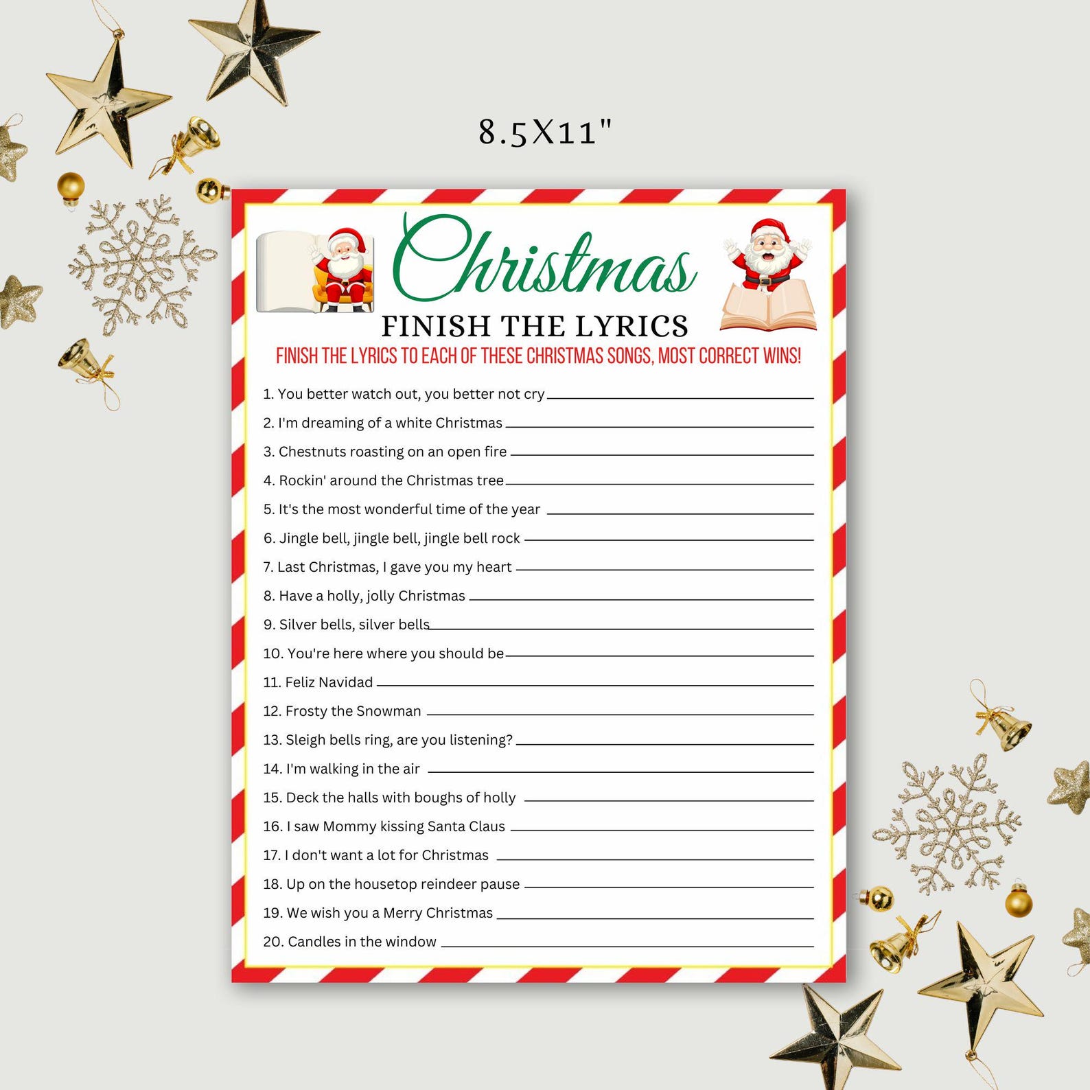 PRINTABLE CHRISTMAS SONG Lyrics Quiz, Printable, Party Game, Finish the ...