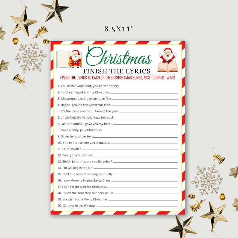 PRINTABLE CHRISTMAS SONG Lyrics Quiz, Printable, Party Game, Finish the ...