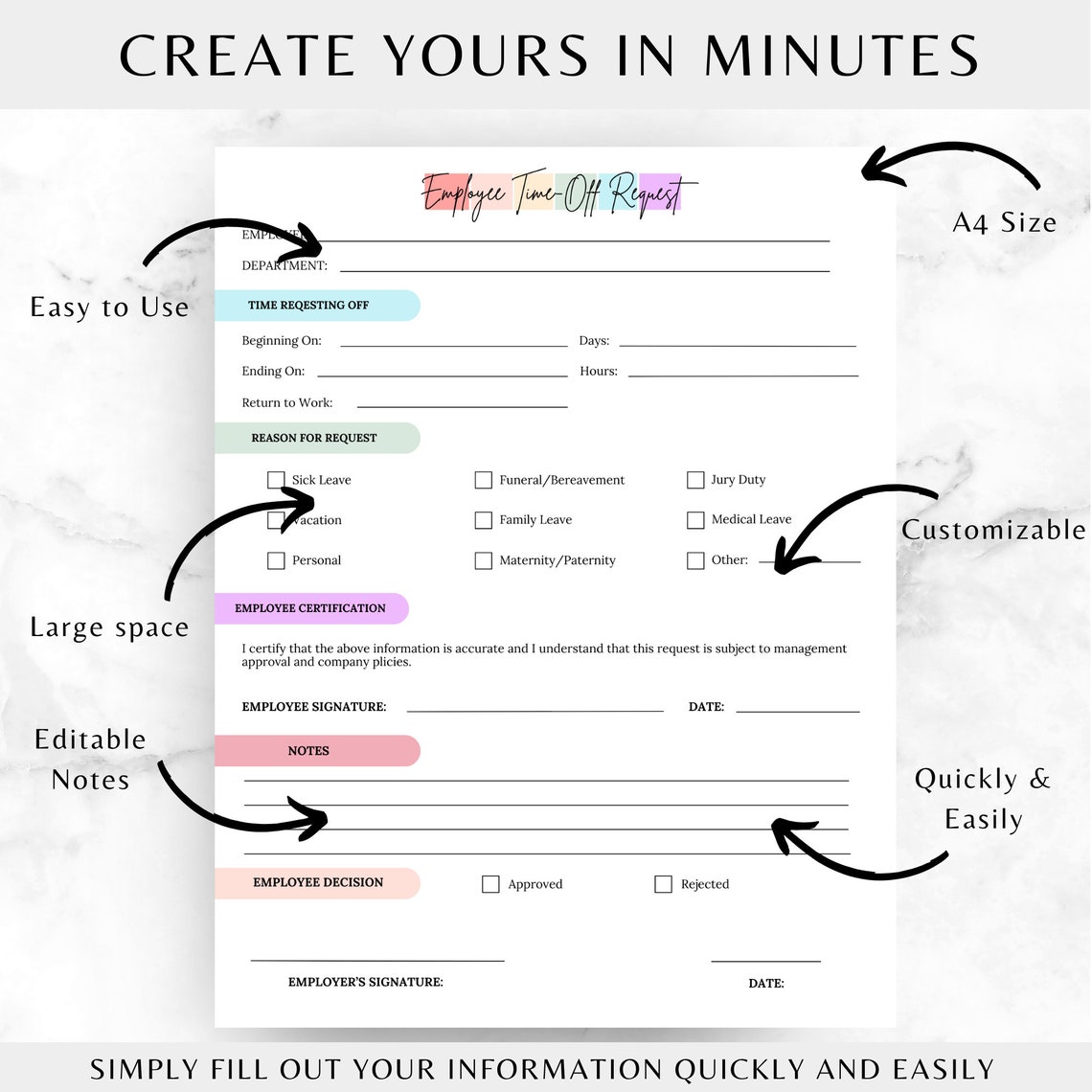Editable EMPLOYEE TIME OFF, Time off Request, Pto Request Form ...