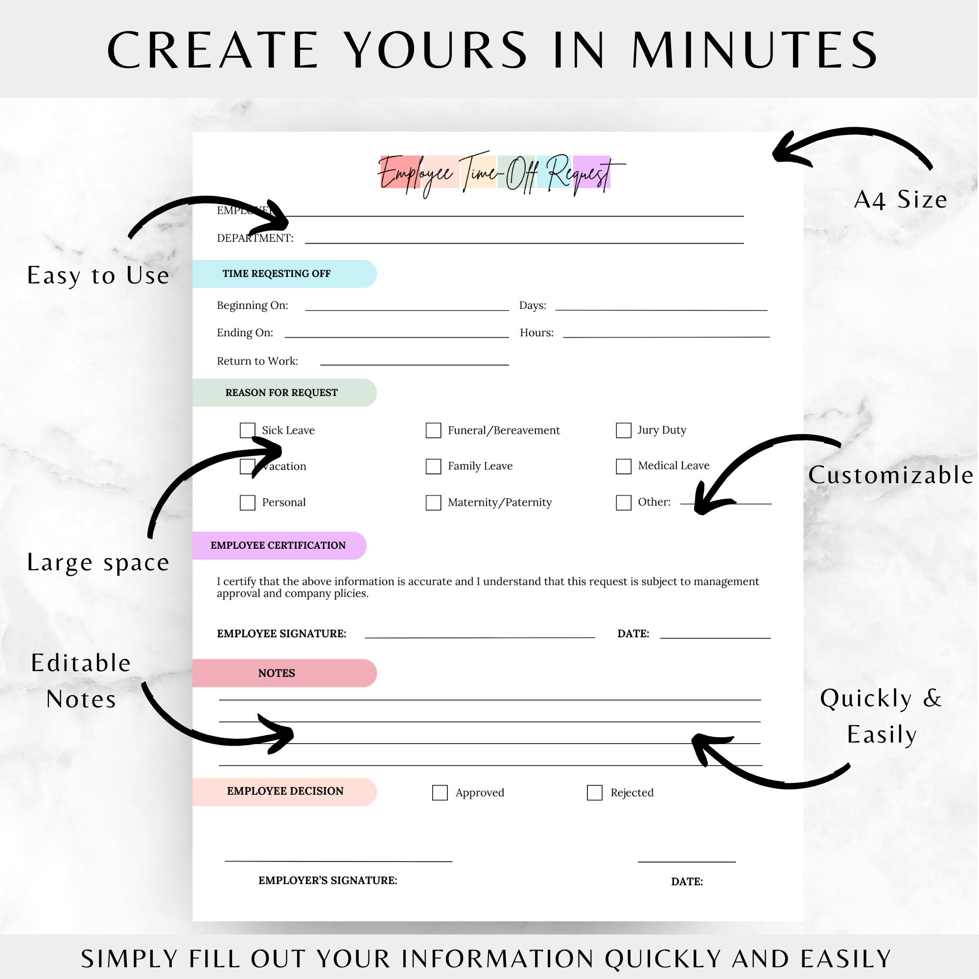 Editable EMPLOYEE TIME OFF, Time off Request, Pto Request Form ...