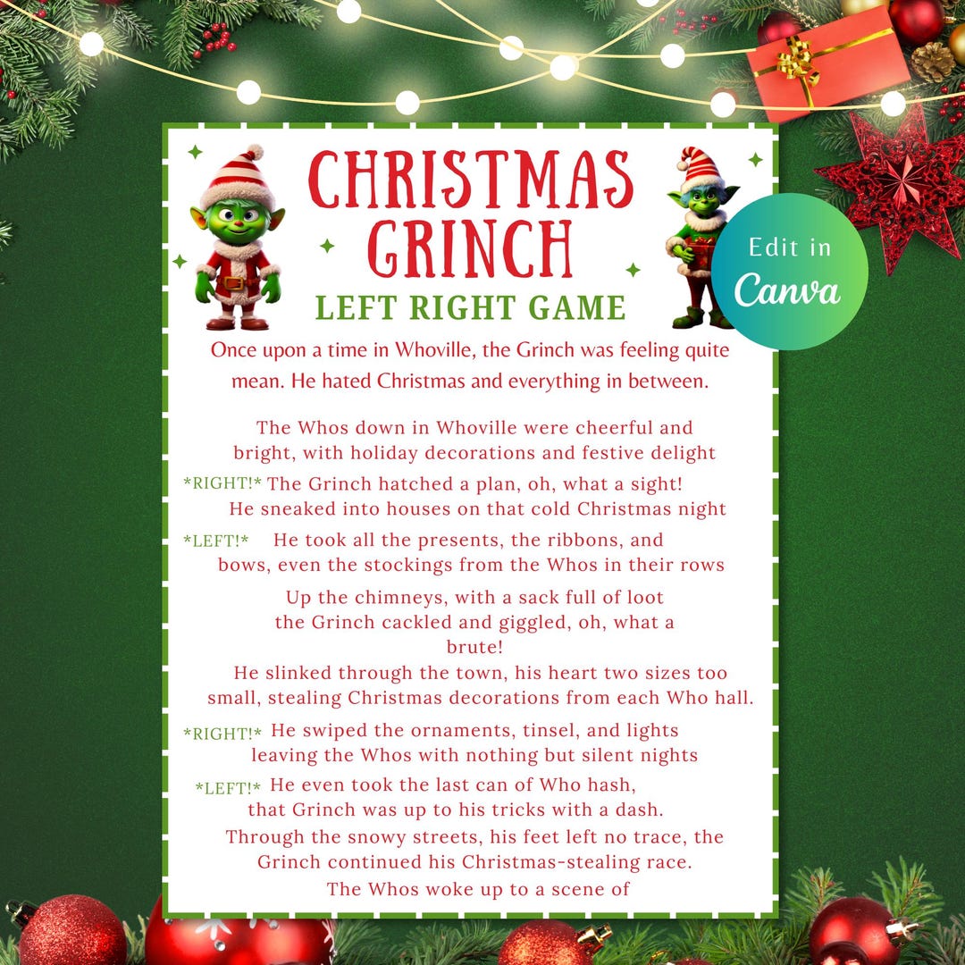 CHRISTMAS GRINCH LEFT Right Game for Christmas, Printable Christmas ...