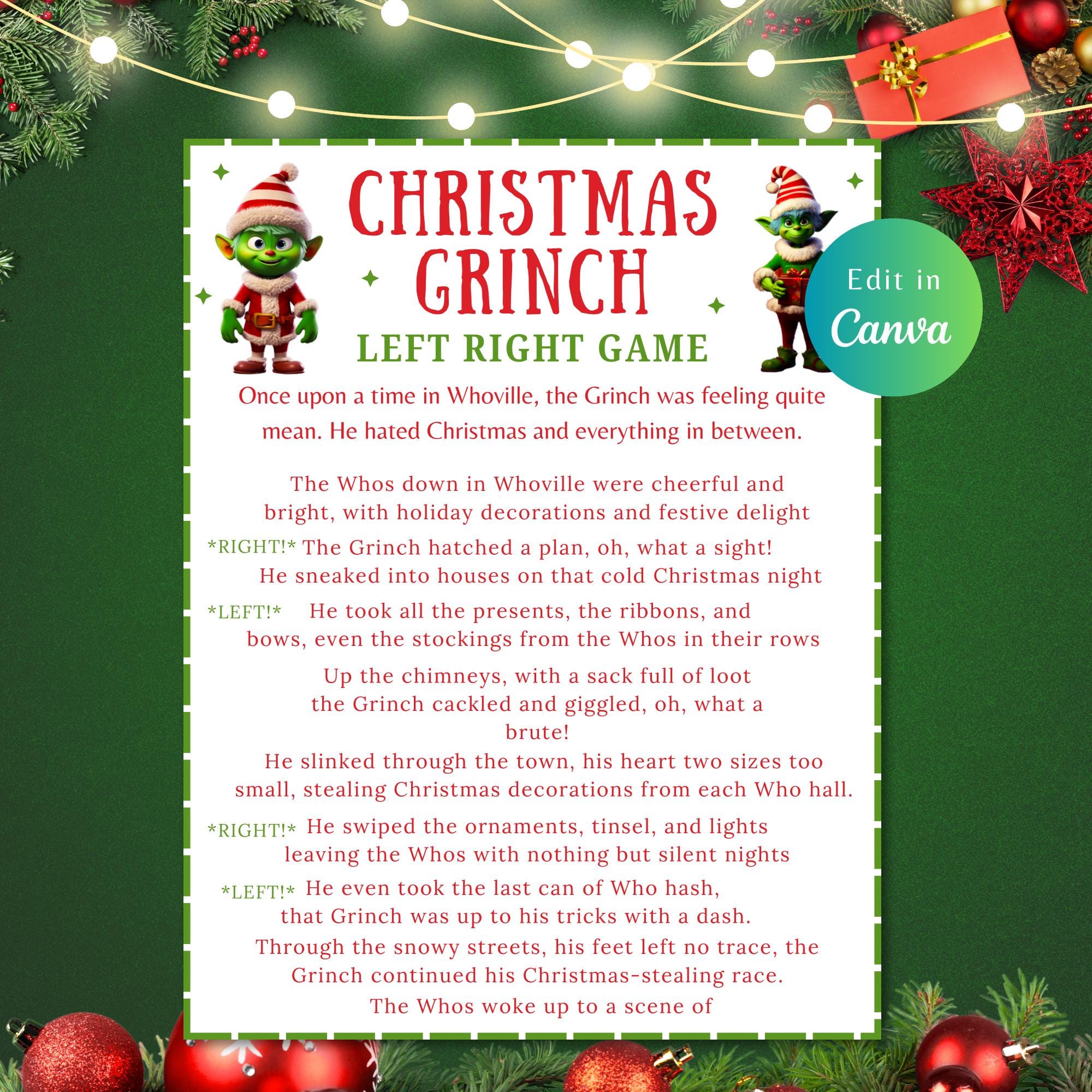 CHRISTMAS GRINCH LEFT Right Game for Christmas, Printable Christmas ...