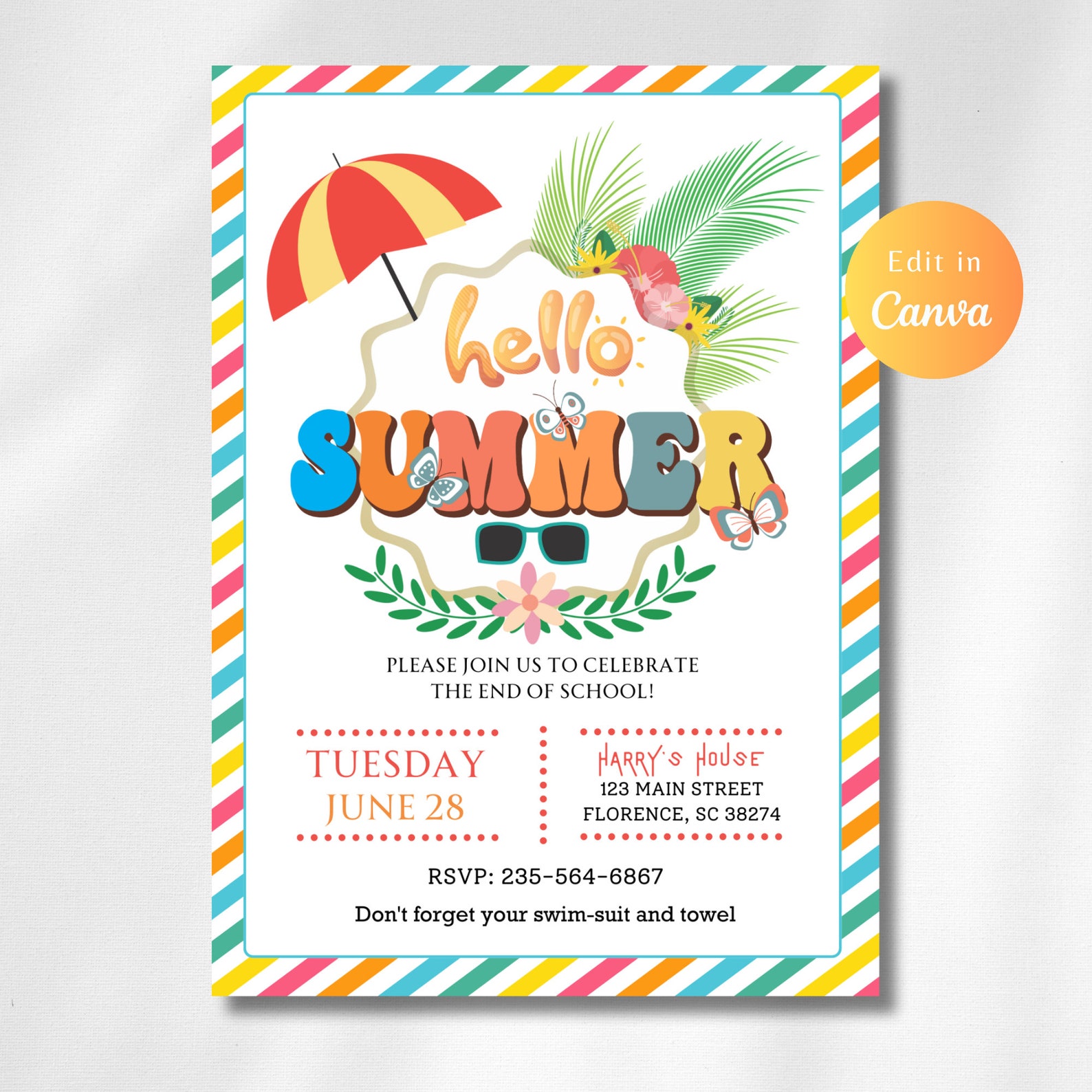 Editable Hello Summer Digital Invitation, End of Year Party, Post on ...